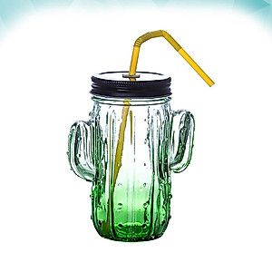 DOITOOL Drinking Glasses, Cactus Shape Glass Straw Cup Creative Juice Glass Drinking Mug for Water Juice Coffee (Cactus Glass, Green)