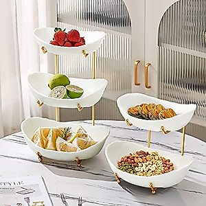 HOMKULA Fruit Bowl for Kitchen Counter - 3 Tier Ceramic Serving Bowls with Metal Stand, Tiered Fruit Basket for Fruit Vegetable Storage, Snack, Nuts, Cake, Dessert (Gold)