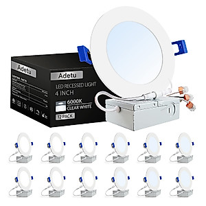 Adetu 12 Pack 4 Inch Ultra-Thin LED Recessed Ceiling Light with Junction Box, Dimmable Canless Wafer Downlight,6000K Daylight Deluxe,9W Eqv 80W,810LM High Brightness,ETL and Energy Star Certified