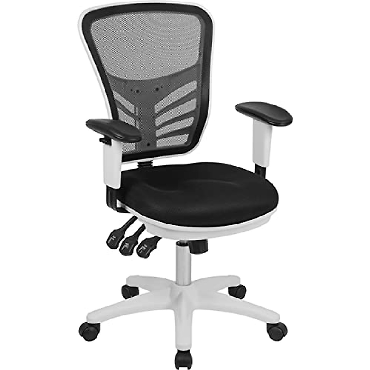 Flash Furniture Nicholas Mid-Back Black Mesh Multifunction Executive Swivel Ergonomic Office Chair with Adjustable Arms and White Frame
