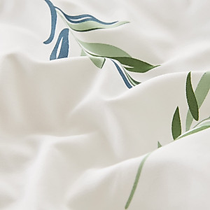 ACCOTIA Green Leaves Duvet Cover Set Queen Size, Botanical Bedding Set 3 Pieces, Ultra Soft Brushed Duver Cover with 2 Pillowcase for All Season (Cream White, Queen)