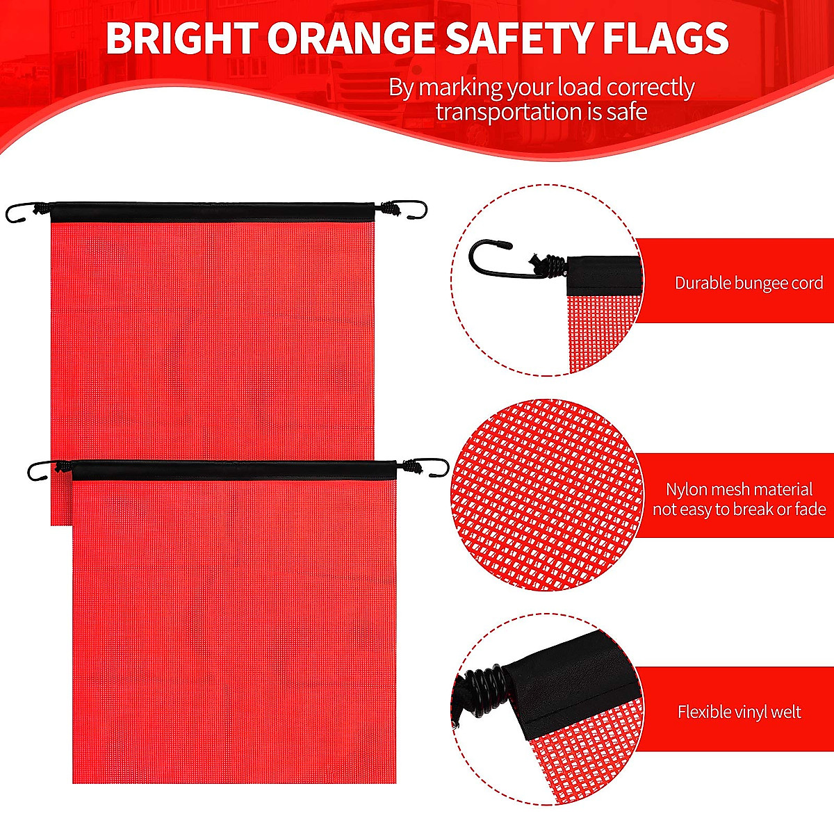 2 Pieces 18 x 18 Inch Hook Safety Warning Flag Mesh Safety Flag Warning Flag with Vinyl Welt and Bungee Cord for Truck and Pedestrian Crossings (Deep Red)