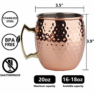 Arora Moscow Mule Mug, Set of 2 Copper Hammered, Durable for Home Dining, Max Capacity 20oz, 3.7" D x 3.9" H
