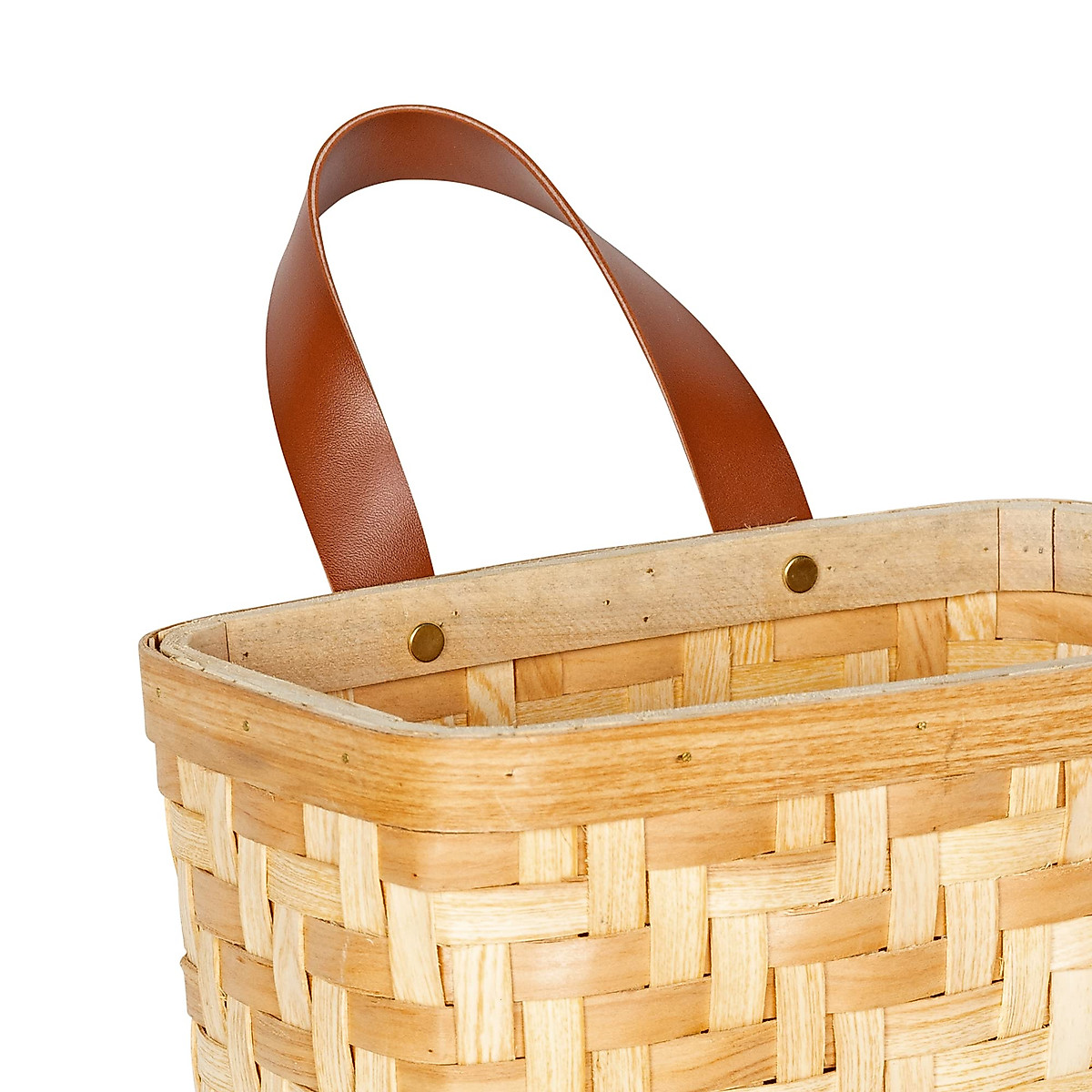 Stratton Home Decor Modern Farmhouse Woven Wall Basket with Faux Leather Handle - Stylish Storage for Books, Magazines, Blankets - Rustic Accent Piece for Living Room, Bedroom, Entryway, Hallway