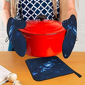 Blue Galaxy Pattern Oven Mitts and Pot Holders Setâ€“Ultimate Heat Resistant Set for Kitchen and Dining