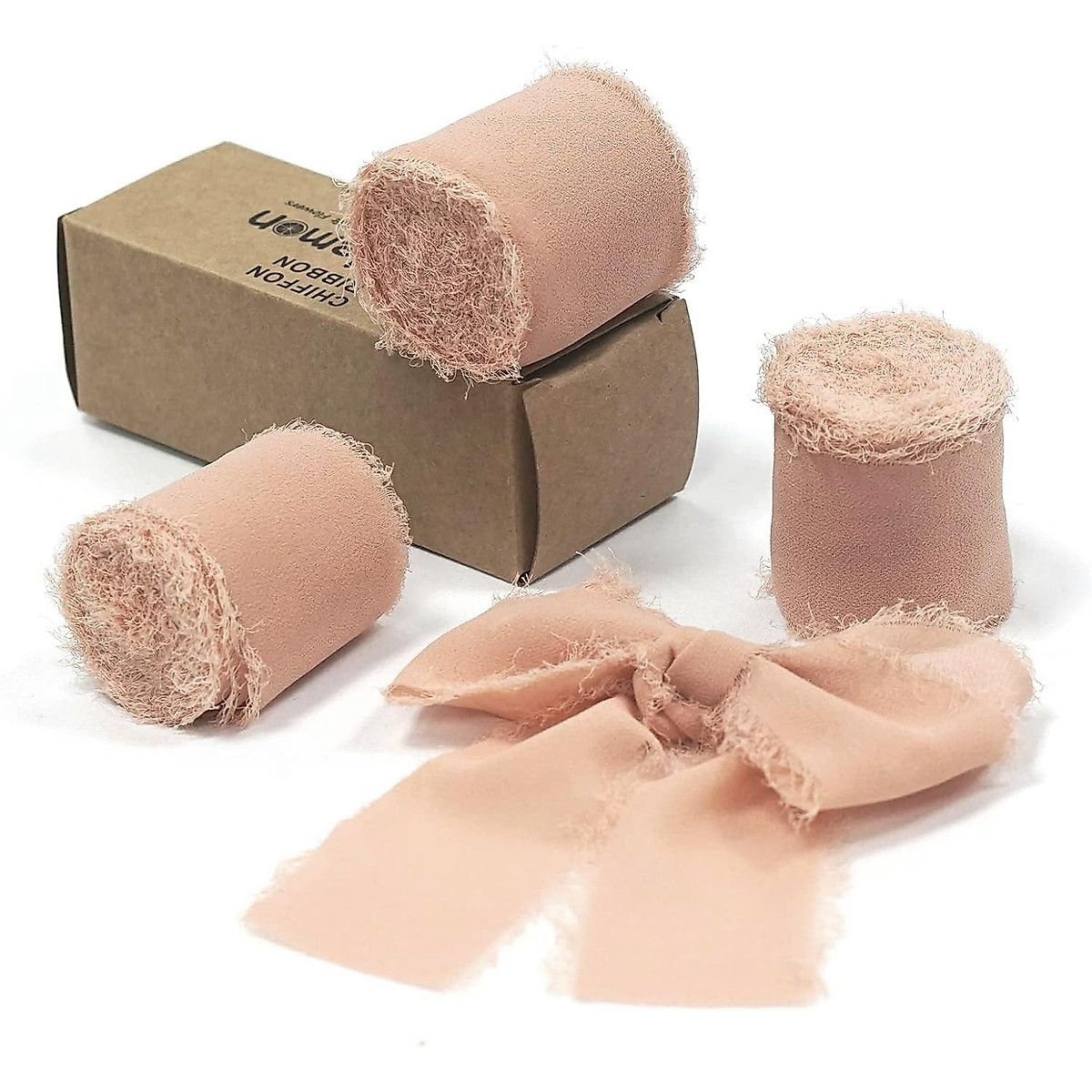 Maclemon Handmade Fringe Dusty Rose Nude Pink Mauve Chiffon Silk Ribbon 3 Rolls 2" x 7Yd Ribbons Set for Wedding Invitations,Bridal Bouquets,Gifts Wrapping,DIY Crafts