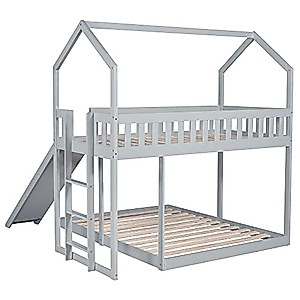 DEYOBED Twin Over Full Wooden Bunk Bed with Slide for Kids Teens