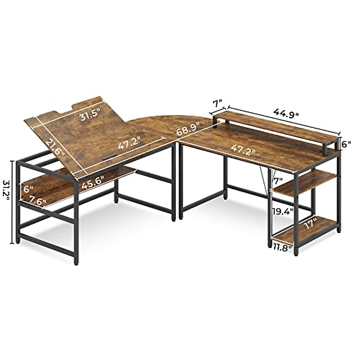 SEDETA L Shaped Desk, 68.9 inches Corner Computer Desk with Monitor Stand Riser, Drafting Drawing Table with Tiltable Desktop, Workstation Study Writing Table Art Desk for Home Office, Rustic Brown