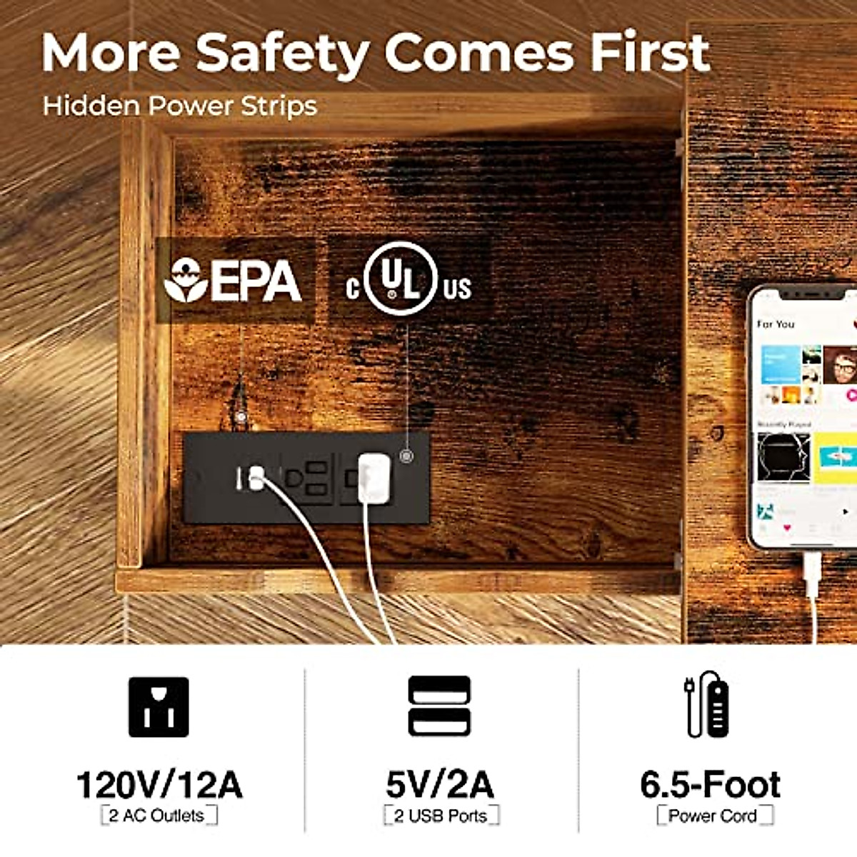 Rolanstar End Table with Charging Station, Narrow Nightstand, Flip Top Side Table with USB Ports and Storage Shelves for Small Spaces, Living Room, Bedroom (Rustic Brown)