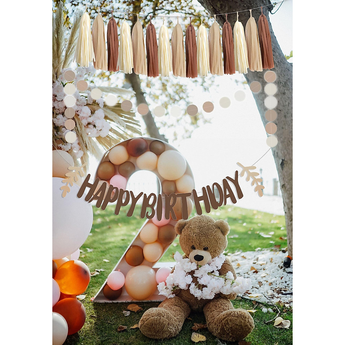 Brown Tan Boho Happy Bithday Sign Banner Gender Neutral Beige Party Tassel Garland Nude Circle Dot Hanging Paper Streamers Backdrop Teddy Bear 1st 2nd Birthday Party Nursery Décor