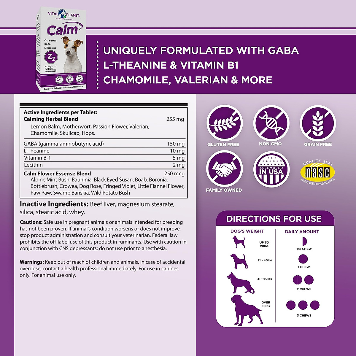 Vital Planet - Calm Chewable Tablets for Dogs, Promotes Calmness in Stressful Situations with Valerian, Lemon Balm, Chamomile, GABA, L-Theanine and Natural Herbs - 60 Beef Flavored Chewable Tablets