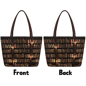 AUUXVA Women Tote Bag Medium Handbags Library Bookshelf Pattern Shoulder Bags with Zipper Satchel Bags Purse for Work Travel Beach Shopping School Gift Bags