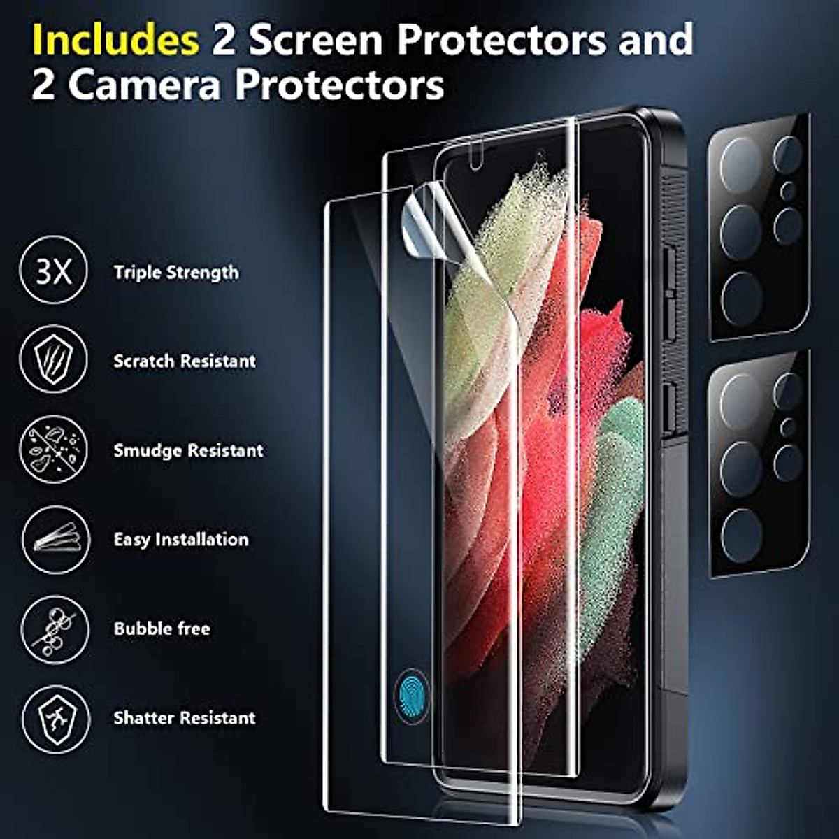 SPIDERCASE Designed for Galaxy S21 Ultra Case, [10 FT Military Grade Drop Protection],with 2 Pack [Soft Screen Protector + Camera Lens Protector] Heavy Duty Shockproof Case,Black