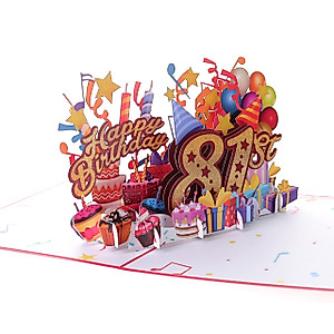 iGifts And Cards Happy 81st Red Birthday 3D Pop Up Greeting Card – Awesome 81 Birthday Card For Woman, Man, Happy Eighty One Birthday Gift For Mom, Dad, Best Wife, Husband Unique Present, 5" X 7"