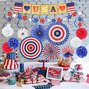26 Pieces 4th/Fourth of July Decorations Set - Red White Blue American Flag Hanging Honeycomb Paper Fans, Pom Poms, Swirls, USA Banner, Star Garland Patriotic Independence Day Outdoor Party Supplies