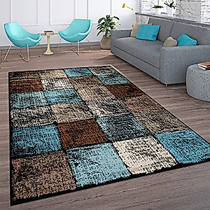 Modern Area Rug for Living Room Abstract in Brown Cream Blue Checkered, Size: 3'11" x 5'7"