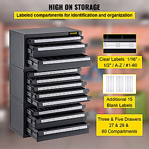 VEVOR Drill Bit Dispenser Cabinet Set, Three-Drawer for 1/16" to 1/2" & Letter Sizes A to Z, Five-Drawer Drill Bit Organizer for Wire Gauge Sizes #1 to #60, 3 Pieces