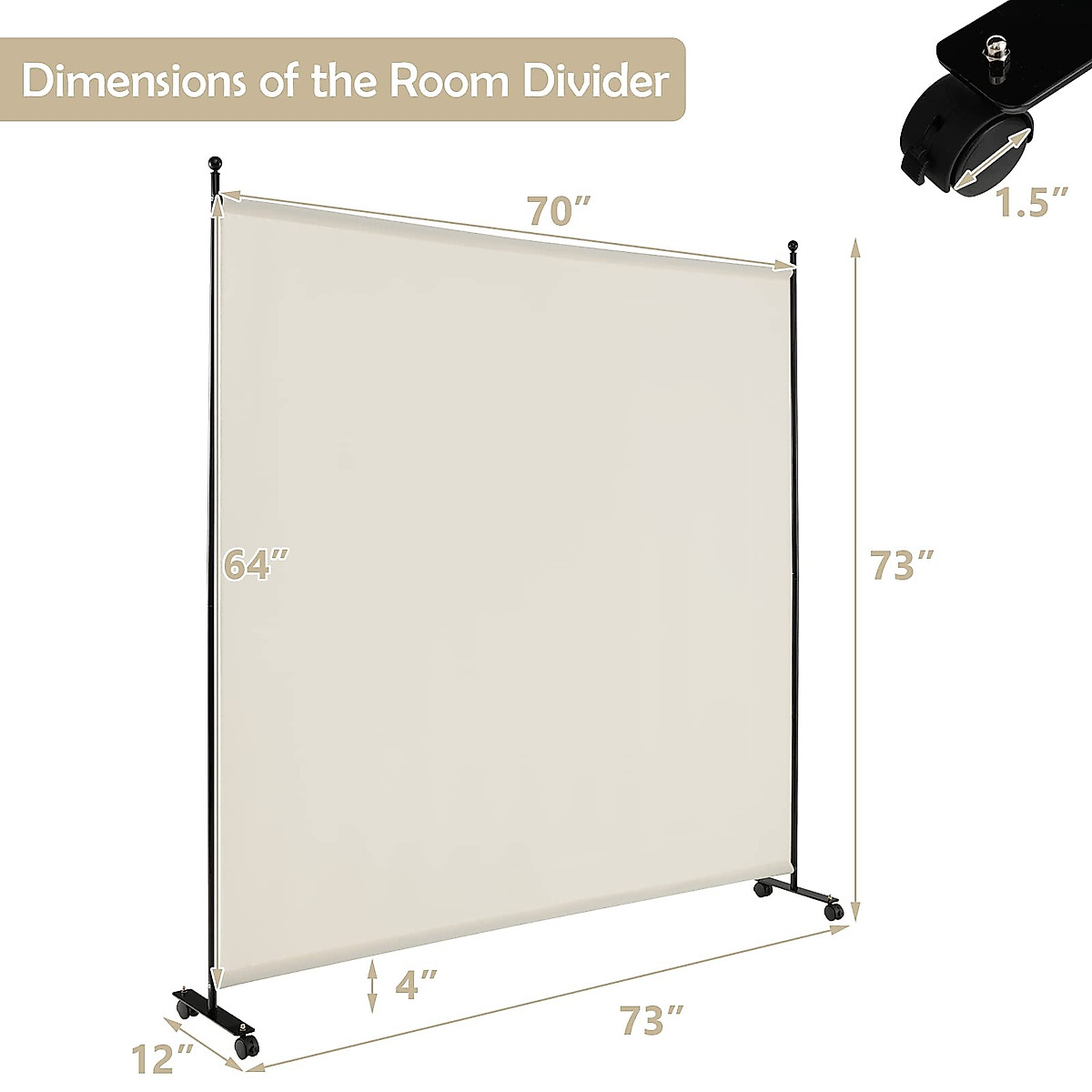 LDAILY 6FT Single Panel Rolling Room Divider, 73" Wide Partition Privacy Screen with Wheels, Freestanding Fabric Room Panel, Portable Wall Divider for Bedroom, Office, Hospital (White, 1-Panel)