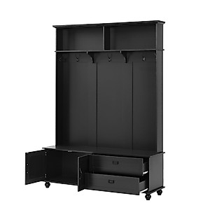 Wide Hall Tree with Storage Bench Coat Rack with Cabinet and 2 Drawers Wooden High Back Mudroom Bench with 5 Hooks for Mudrooms Organization Entryway Living Room, Black