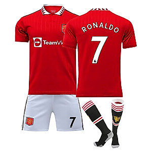 Manchester Ronaldo Red Home Soccer Kids Set (Jersey + Shorts + Socks) Kit Size Medium (8-9 Years Old) for Youth