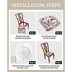 Santa Claus Chair Seat Covers for Dining Room Stretch Chair Seat Covers Set of 6, Chair Seat Protector Cushion Slipcovers for Kitchen Restaurant Office Red Grey Christmas Elk Ball Pine Silver