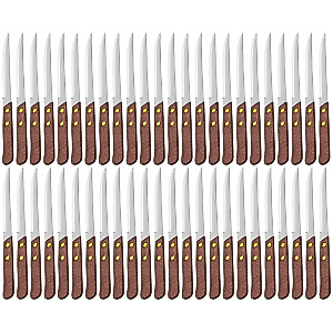 Tezzorio (Pack of 48) Serrated-Edge Pointed-Tip Steak Knives, 4-1/2-Inch Stainless Steel Blade Steak Knives with Wooden Handles for Restaurant