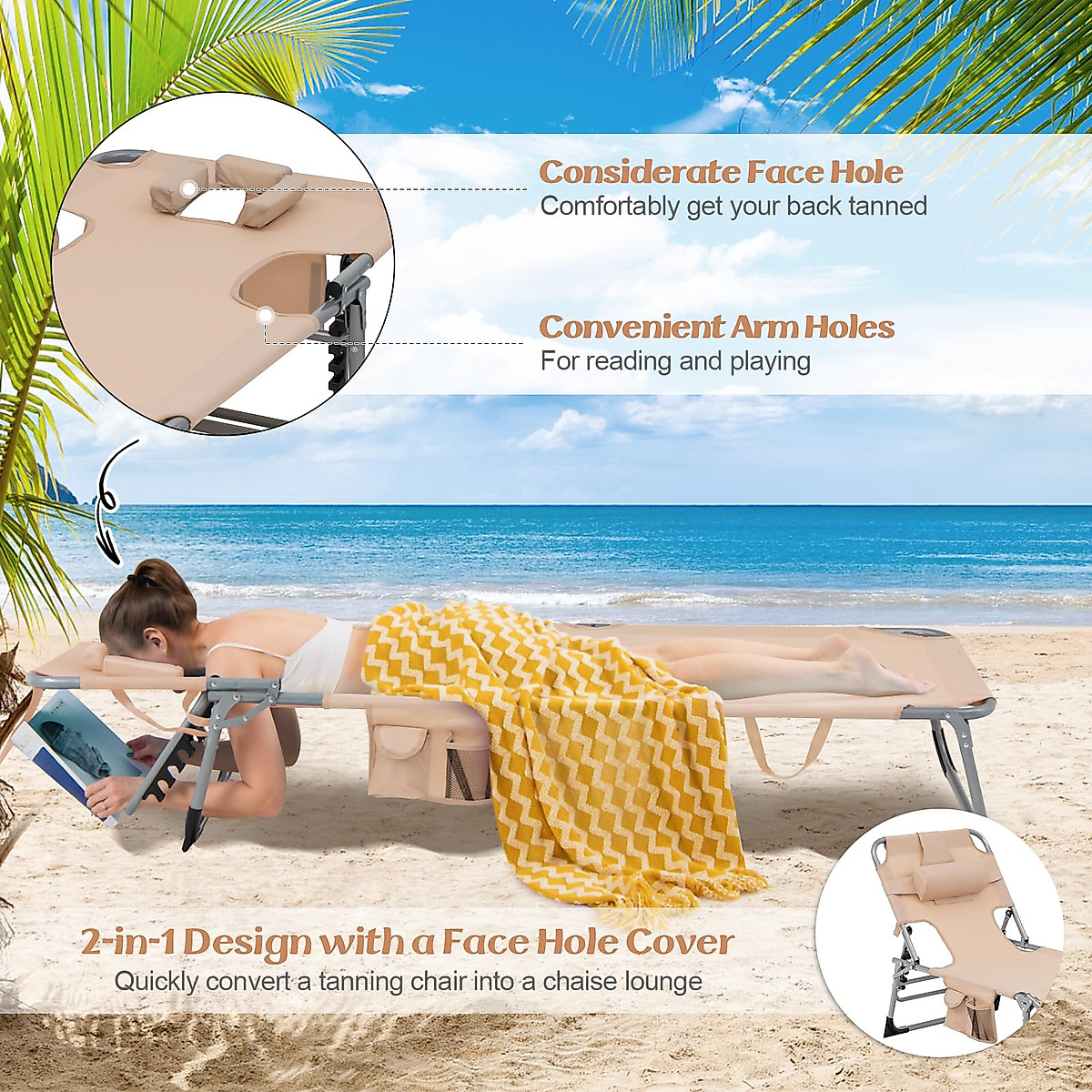 Moccha Folding Tanning Chair, Beach Lounger with Face Hole, 5-Position Adjustable Backrest, Side Pocket, Removable Pillow, Portable Bench Lounge Chairs for Outside Patio Pool Lawn (1, Beige)