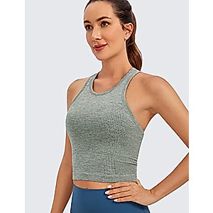 CRZ YOGA Womens Seamless Ribbed Longline High Neck Sports Bra - Racerback Padded Slim Fit Crop Tank Top with Built in Bra Dark Green Heather Medium