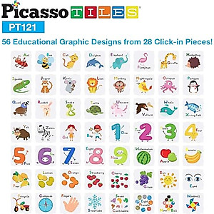PicassoTiles 121 pc Master Builder Magnetic Building Block Construction Set Magnet Tiles Blocks with Car Truck, 2 Character Action Figures, 28 Educational Alphabet Animal and Number Graphics, Windmill