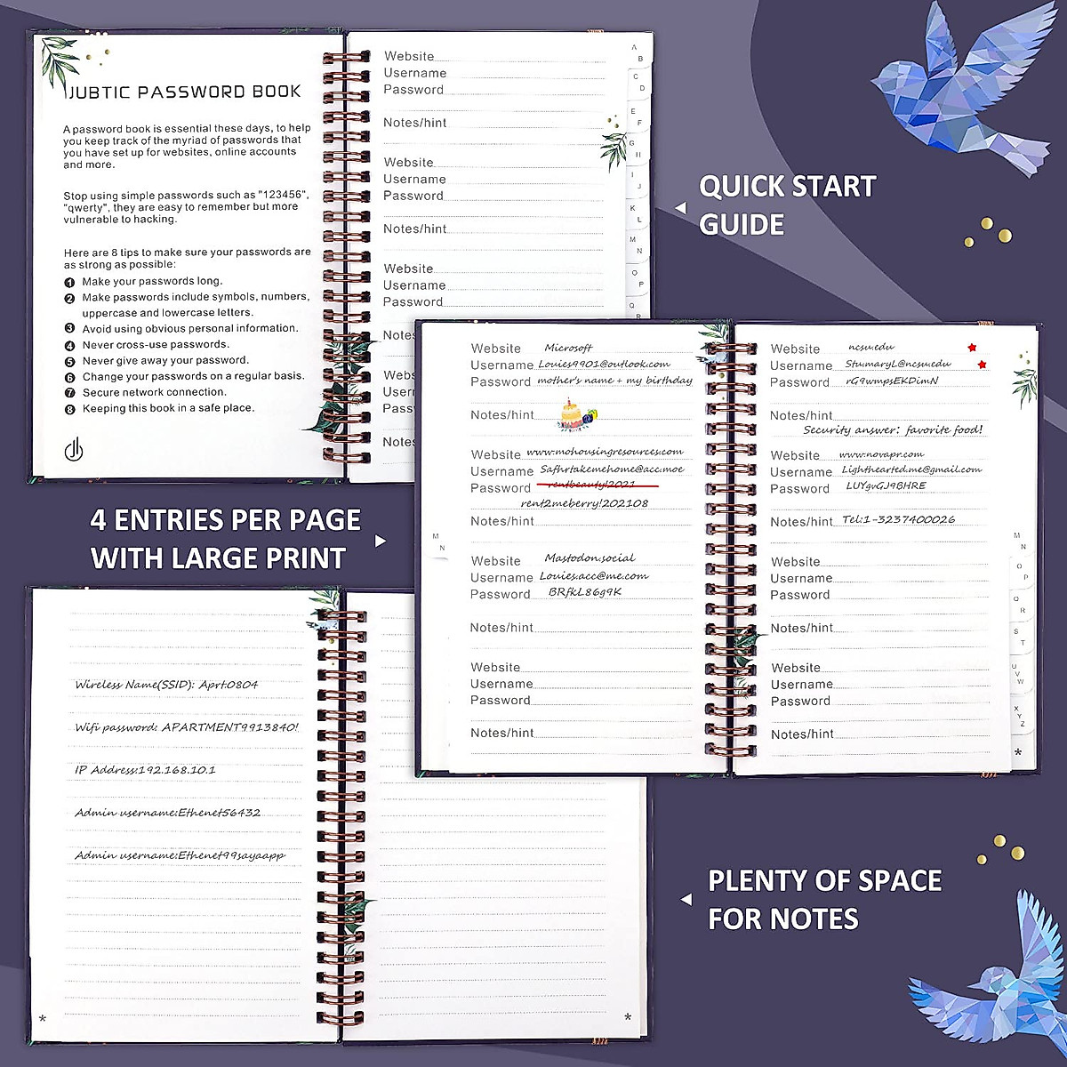 JUBTIC Password Book with Alphabetical Tabs Spiral Bound - 5.2" x 7.6" Hardcover Password Keeper Logbook for Seniors Password Notebook- Organize Internet Website Address Login - Deluxe Blue