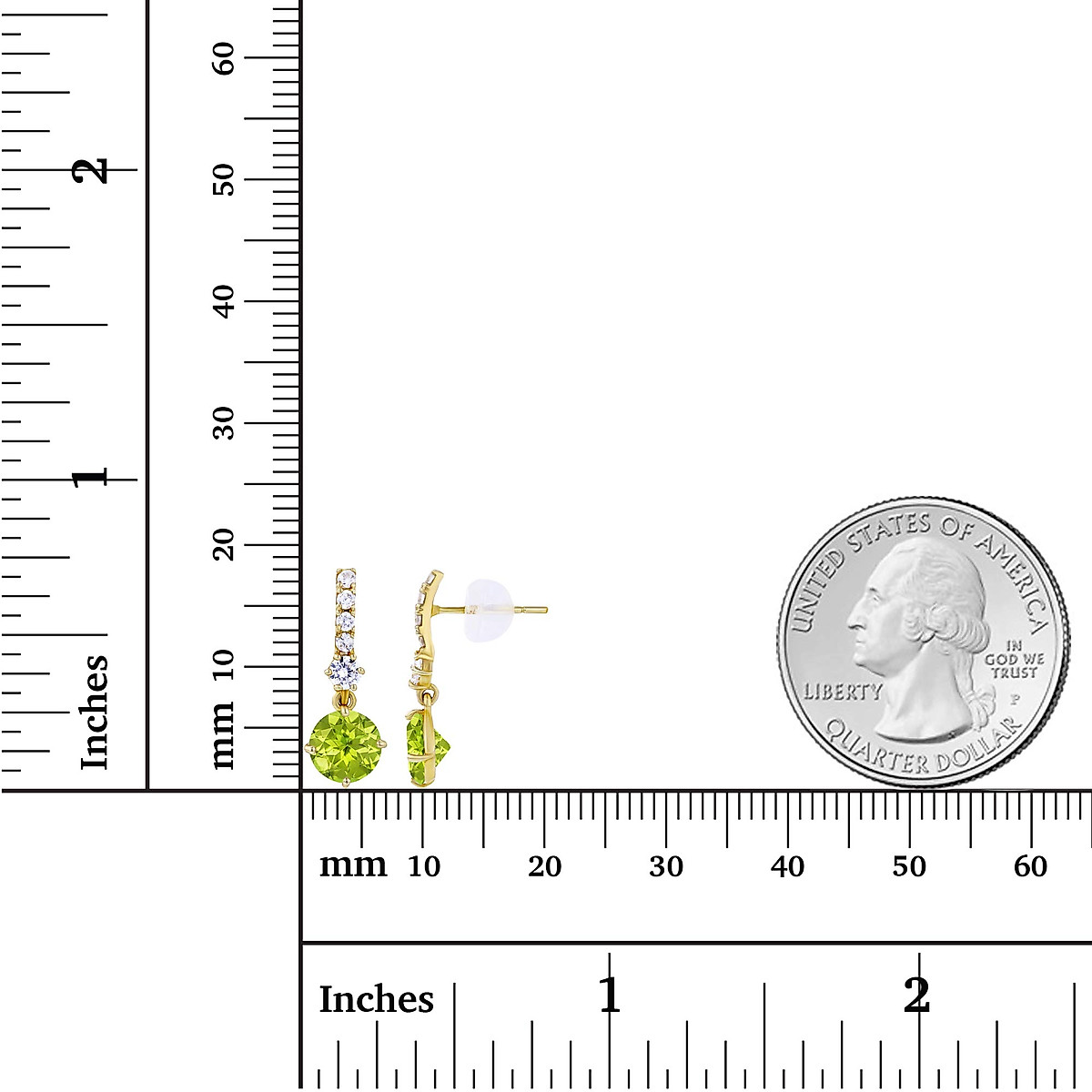 Solid 14K Yellow Gold 6mm Natural Green Peridot August Birthstone Dangling Stud Earrings For Women & 1mm Created White Sapphire Bridal Dangling Earrings For Women
