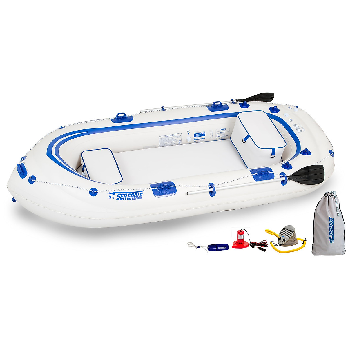 Sea Eagle SE9 Lightweight Inflatable Motormount Boat with Inflatable Floor, 5' Oar Set, Boat Bag, Electric Pump, 2 Seats Great for Boating, Motoring, Rowing, Fishing & Yacht Tending (Startup)