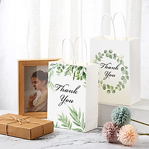 24 Pcs Eucalyptus Thank You Bags Kraft Thank You Gift Bags with Handles Wedding Favor Bags Bridal Baby Shower Bag Thank You Paper Bags for Birthday Party Boutique Business Shopping, 5.9 x 3.1 x 8.3''