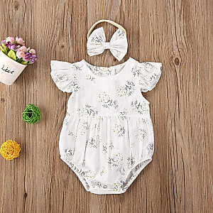 Newborn Baby Girl Romper Floral Ruffle Sleeveless Jumpsuit Cotton Bodysuit with Headband Summer Clothes Outfit (A-White, 0-6m)