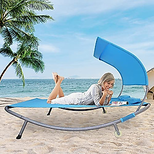 COVERCO Patio Double Chaise Lounge Bed with Canopy,Headrest Pillow and Wheels,Portable Outdoor Hammock Bed for Patio, Yard, Pool (Blue) 2