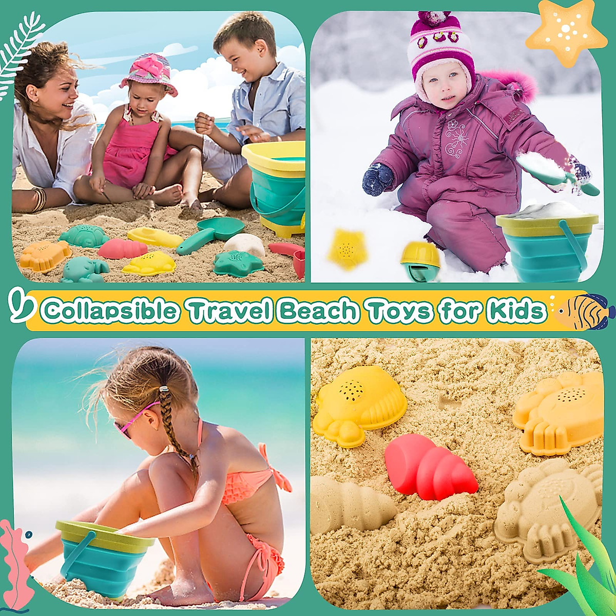Beach Toys for Kids - Sand Toys Set Includes Collapsible Sand Bucket Shovel and Sand Rake Toys for Beach 12 PCS, Sandbox Toys Sandcastle Building Kit with Waterproof Net (A)