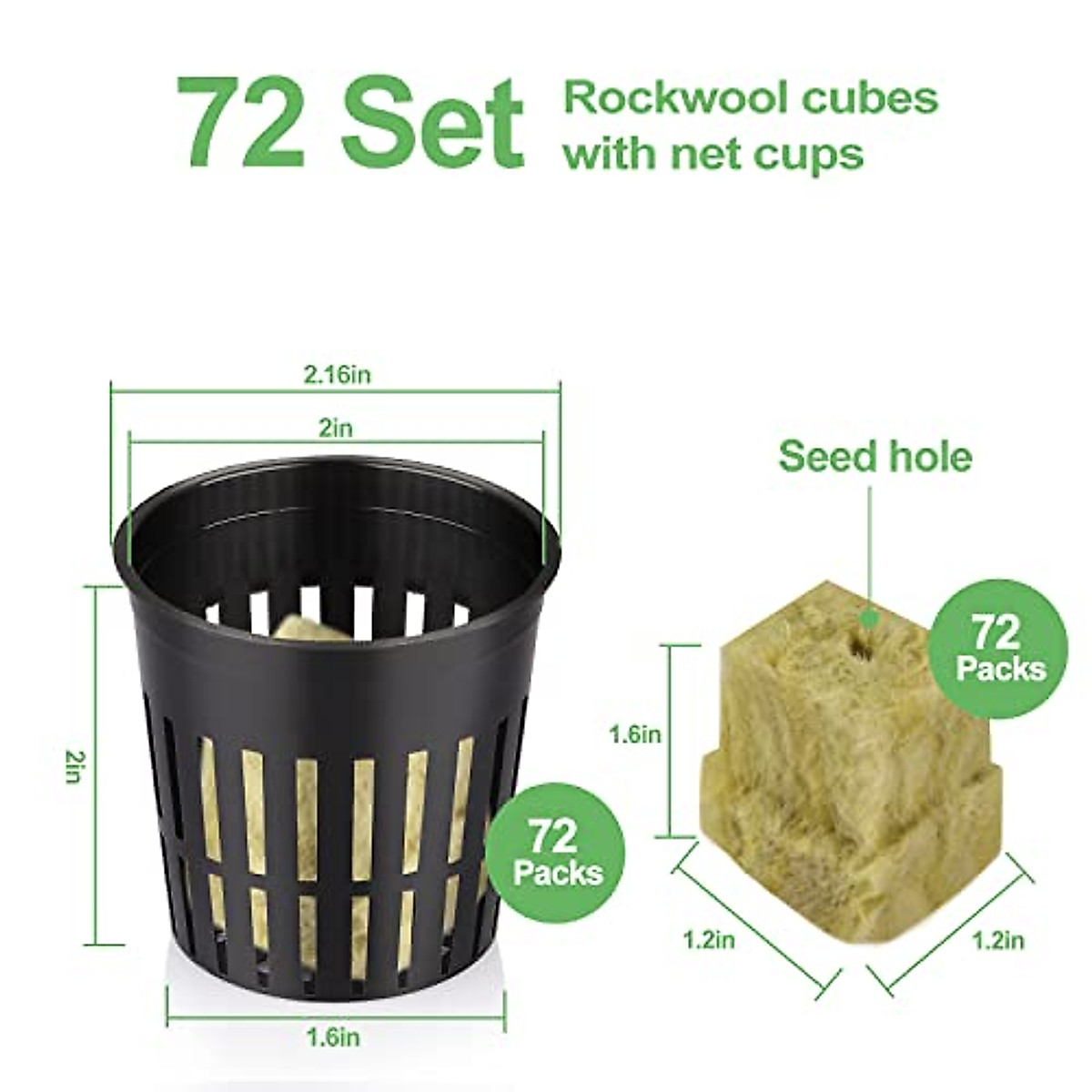 72 Sets Rockwool Cubes and Net Pots, 1.2 * 1.2 * 1.5 inch Rock Wool 72 Plugs & 72-Pack 2inch Net Cups for Hydroponics Growing Systemm, Garden Tower Supplies