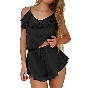 CHYRII Women's Sexy Silk Satin Ruffled Pajamas Sets Cami Shorts Sets Cute PJS Lingerie Slppewear Set Black M