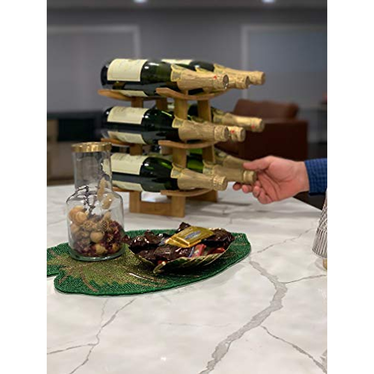 DECOMIL 9 Bottle Samurai Style Stackable Modular Wine Rack Wine Storage Rack Solid Bamboo Wine Holder Display Shelves, Wobble-Free (9 Bottle Capacity - Samurai Style Capacity)