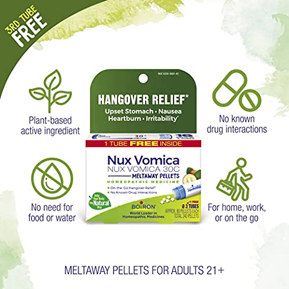 Boiron Nux Vomica 30C Homeopathic Medicine for Hangover Relief, Upset Stomach, Nausea, and Overindulgence of Food or Drink - 3 Count (240 Pellets)