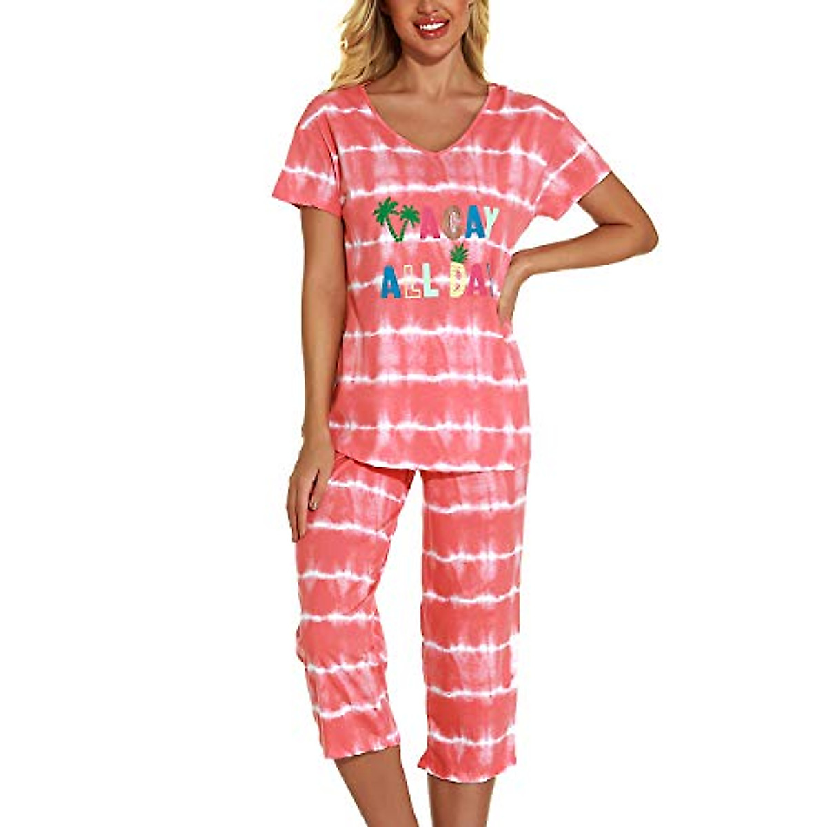 Lu's Chic Women's Cute Pajama Set Cotton Capri Loungewear Soft Short Sleeve Pjs Comfy Pants Lounge Two Piece Patterned Print Sleepwear Orange Large