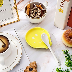 Whaline Happy Face Spoon Rest Yellow Smile Face Ceramic Spoon Holder Boho Face Sauce Dishes Ring Dish for Groovy Retro Boho Party Kitchen Office Home Decor
