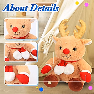 Hopearl Christmas LED Plush Reindeer Light up Elk Stuffed Animal Rudolph Floppy Night Lights Glow in The Dark Birthday Festival for Kids Toddler Girls, Brown, 13’’