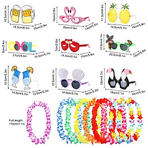 SLHOWOW 18pcs Hawaiian Party Decorations, 9 Pairs Funny Hawaiian Glasses and 9pcs Hawaiian Leis Bulk, Fun Summer Party Favors for Beach Wedding Birthday Party Decoration Supplies
