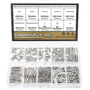 Kindroufly 562 Pieces M2 x 4/6 /8/10 /12/16 /20mm Button Head Socket Cap Screws Nuts Washers Assortment Kit, 304 Stainless Steel, Fully Machine Thread