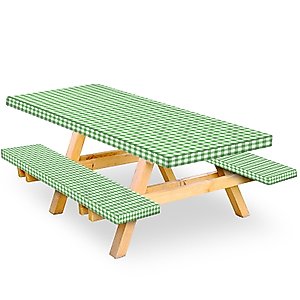 Raweao Picnic Table Cover with Bench Covers - 3 Piece Fitted Picnic Table Cover with Elastic Band and Flannel Backing, Picnic Table Cover for Outdoor, BBQ, Camping (30 X 72 Inch, Green)