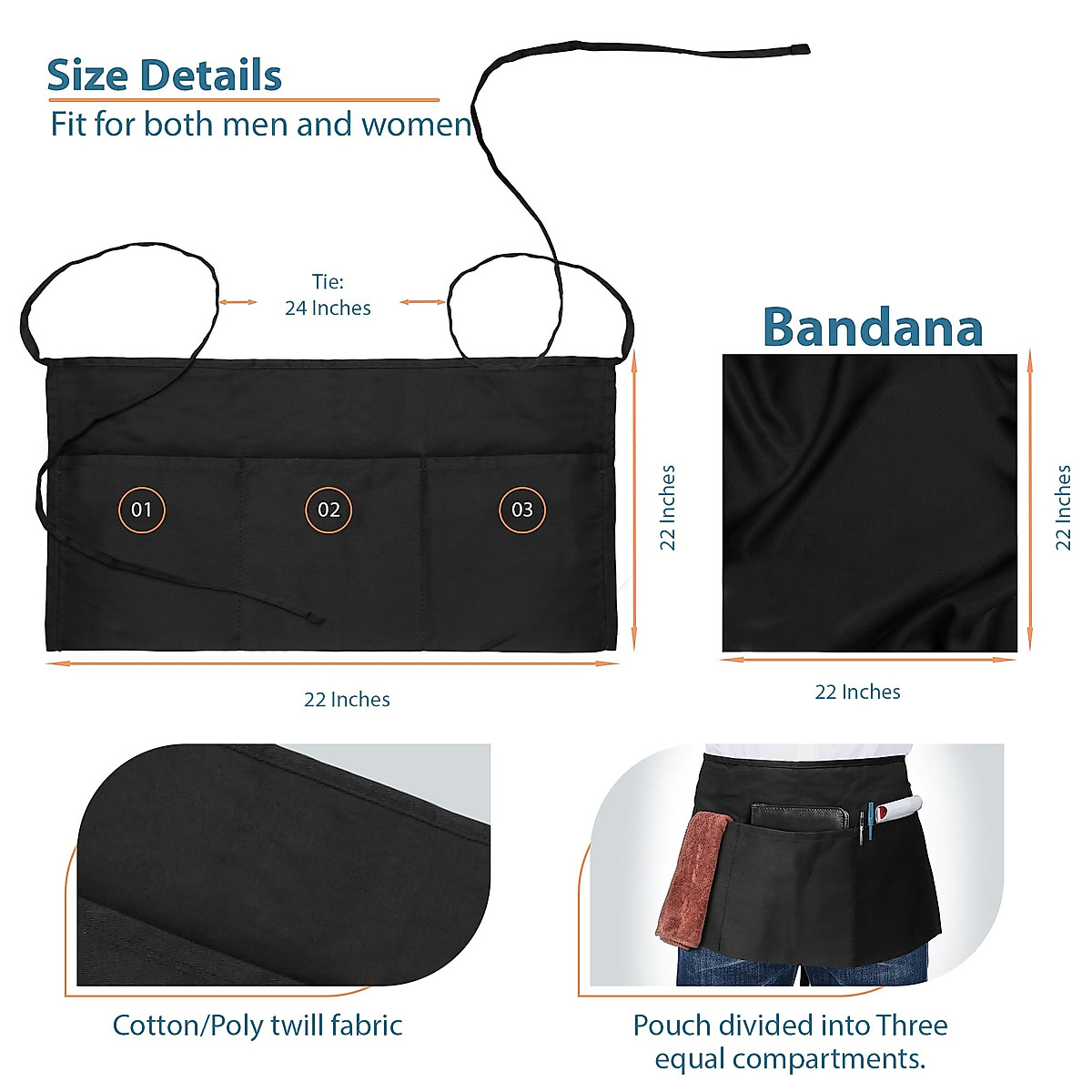 Batex 1-Pack Premium Cotton Server Apron with 3 Pockets and Chef Bandana, Comfortable Waist Apron for Waitress, Waiters, Half Apron with Pocket (Black - 1 Pack)