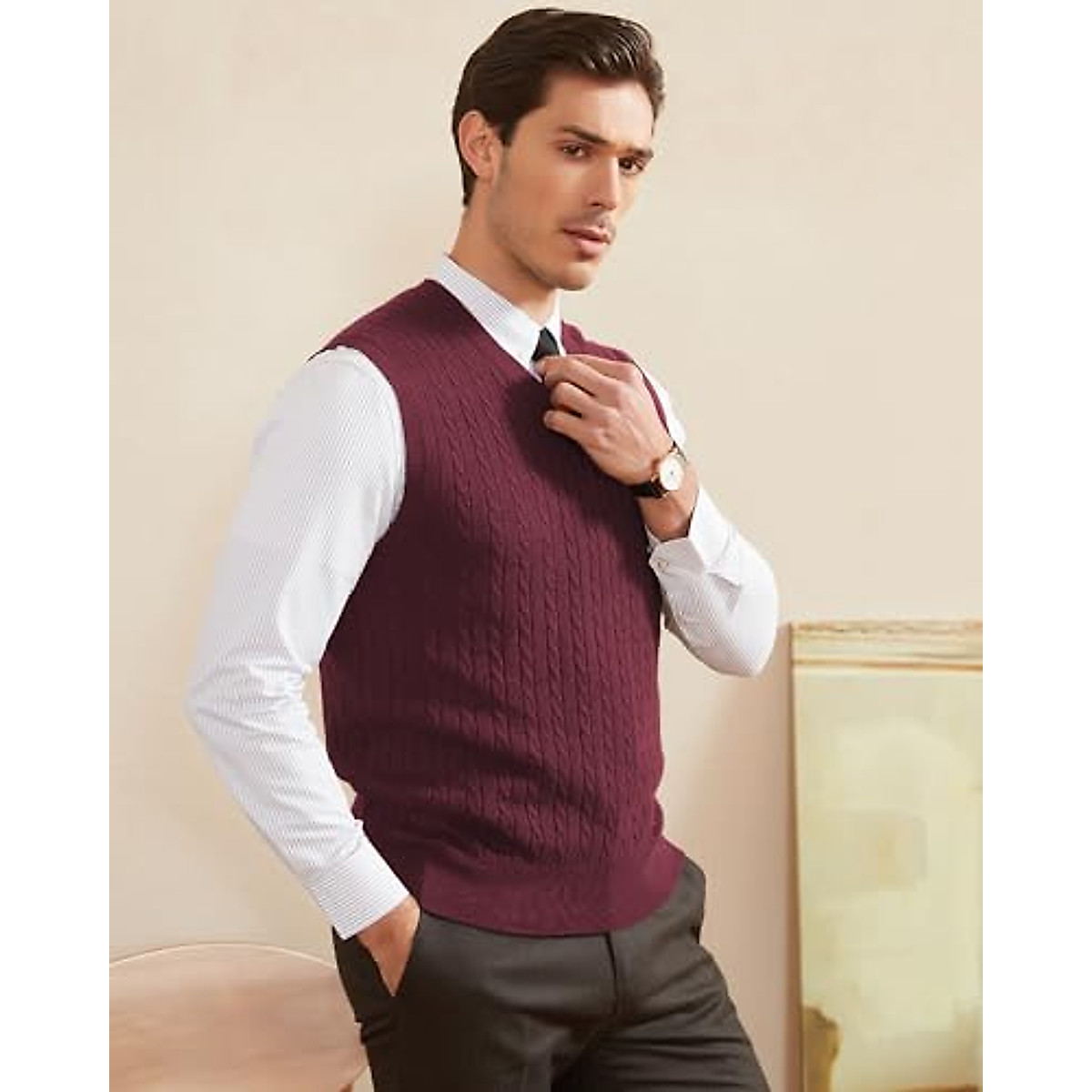 Kallspin Men’s Wool Blended Cable Knit Vest Sweater V Neck Relaxed Fit Sleeveless Pullovers (Burgundy Red Medium)