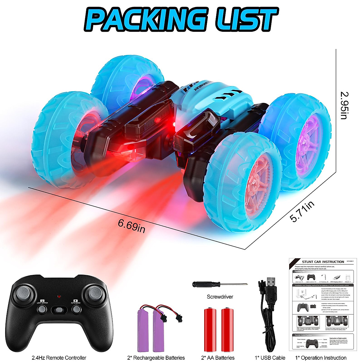 Remote Control Car Toys for Ages 8-12, 2.4Ghz RC Car with Headlights Wheel Lights, Off Road 4WD Rechargeable RC Stunt Car, RC Cars Toys Birthday for Kids Boys Girls (Blue)
