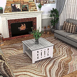 VOXANOXI Square Coffee Table with Storage, Modern Rustic Coffee Table for Living Room, Wooden Farmhouse Coffee Table with Open Storage, Center Table for Living Room, Rustic Grey